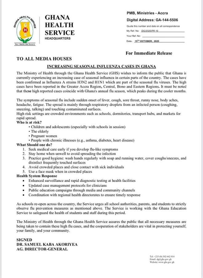 Seasonal influenza outbreak recorded across Ghana — Ghana Health Service