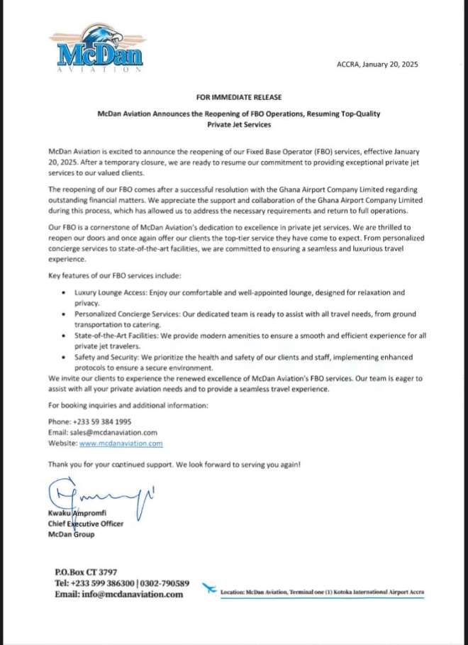 McDan Aviation’s FBO services at KIA resumes after agreement on payment ...