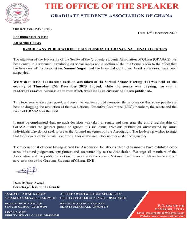 Samuel Sagoe remains GRASAG president