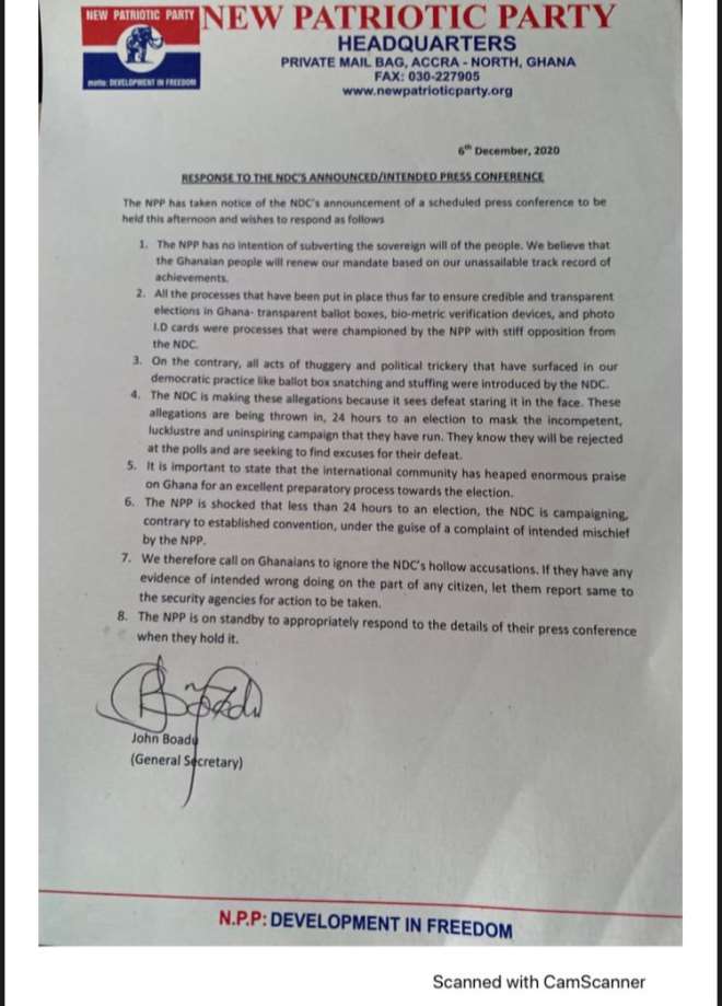 NPP accuses NDC of still campaigning 24 hours to election