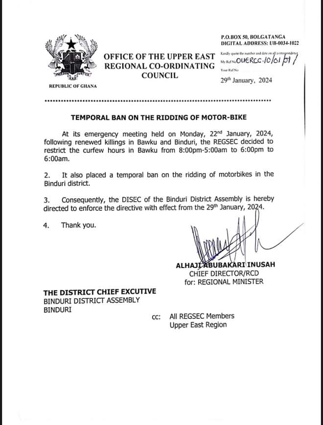 Bawku crisis: Curfew revised to 6pm to 6am, temporary motorbike ban ...