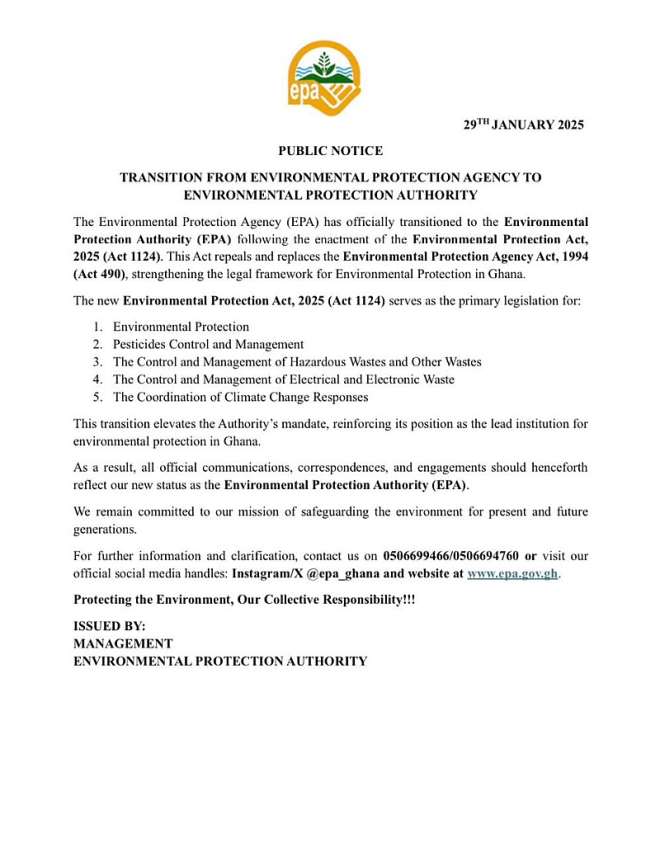 Environmental Protection Agency transitions to Authority