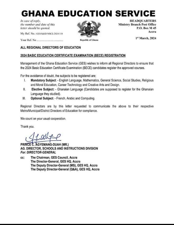 GES releases approved subjects for 2024 BECE registration