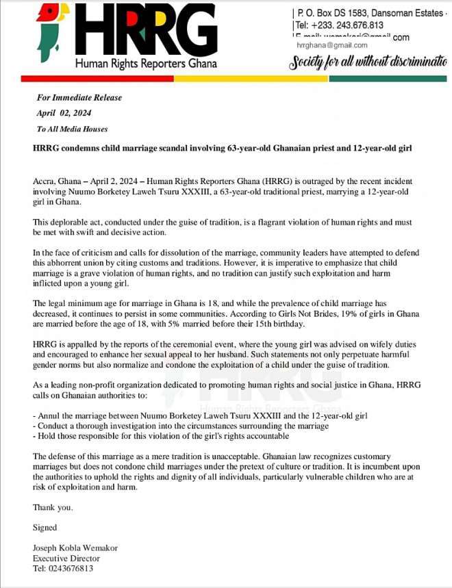 HRRG calls for justice over 63-year-old priest marriage to12-year-old girl