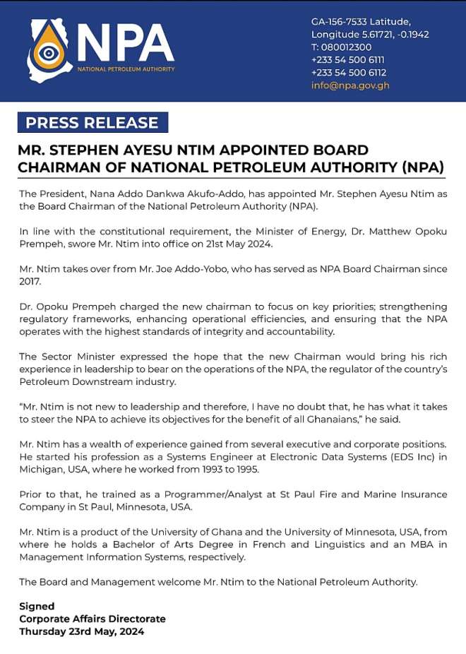 NPA welcomes Stephen Ntim as new chairman of Board of Directors