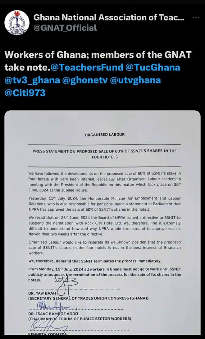 GNAT joins nationwide strike action against sale of SSNIT Hotels