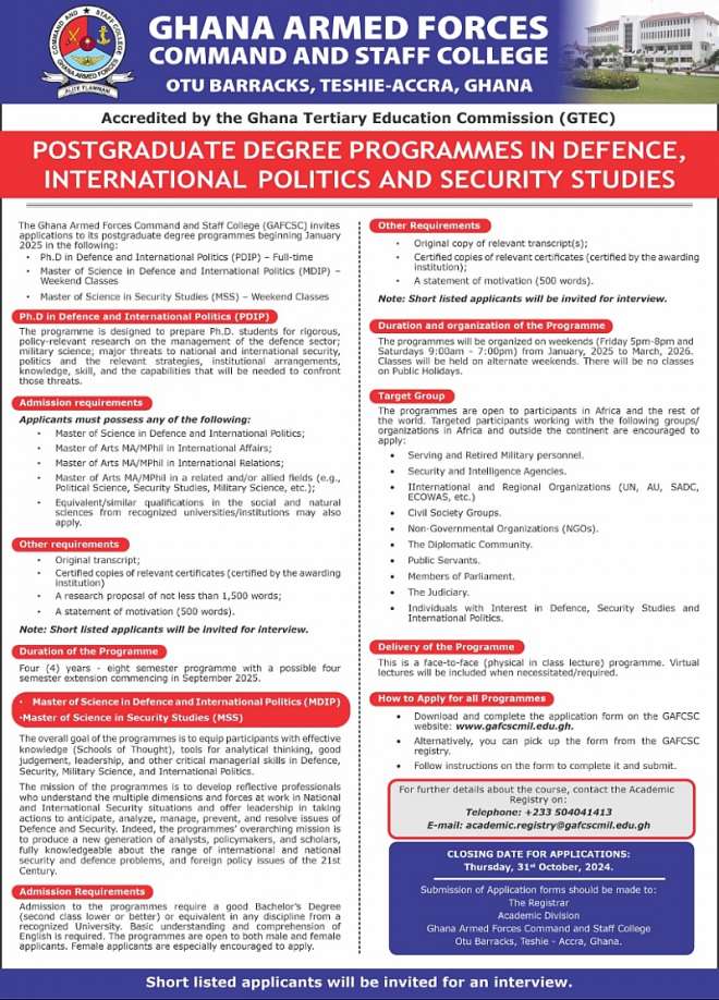 Ghana Armed Forces Command and Staff College opens admissions for ...