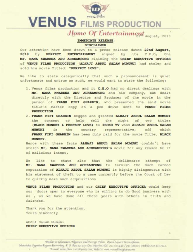 Venus Films Production Denies Alleged Movie Theft