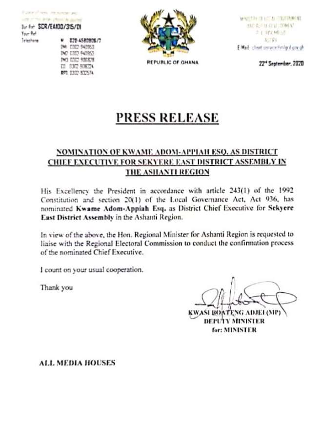 Kwame Adom-Appiah Nominated New DCE For Sekyere East