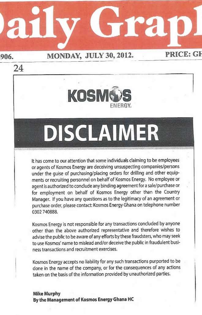 Kosmos Energy -DISCLAIMER