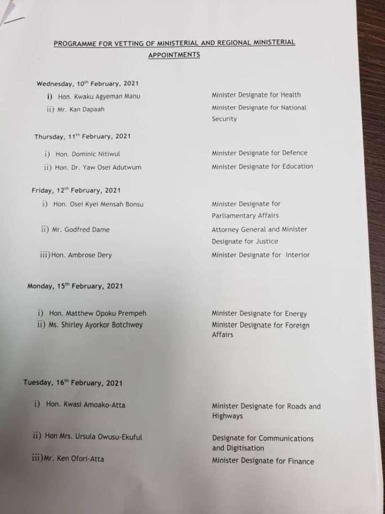 Parliament releases schedule for vetting ministerial nominees