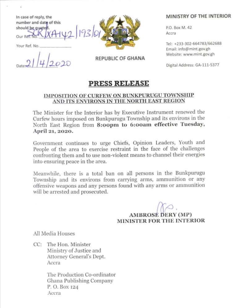 Bunkpurugu: Govt Renews Curfew To Sustain Peace