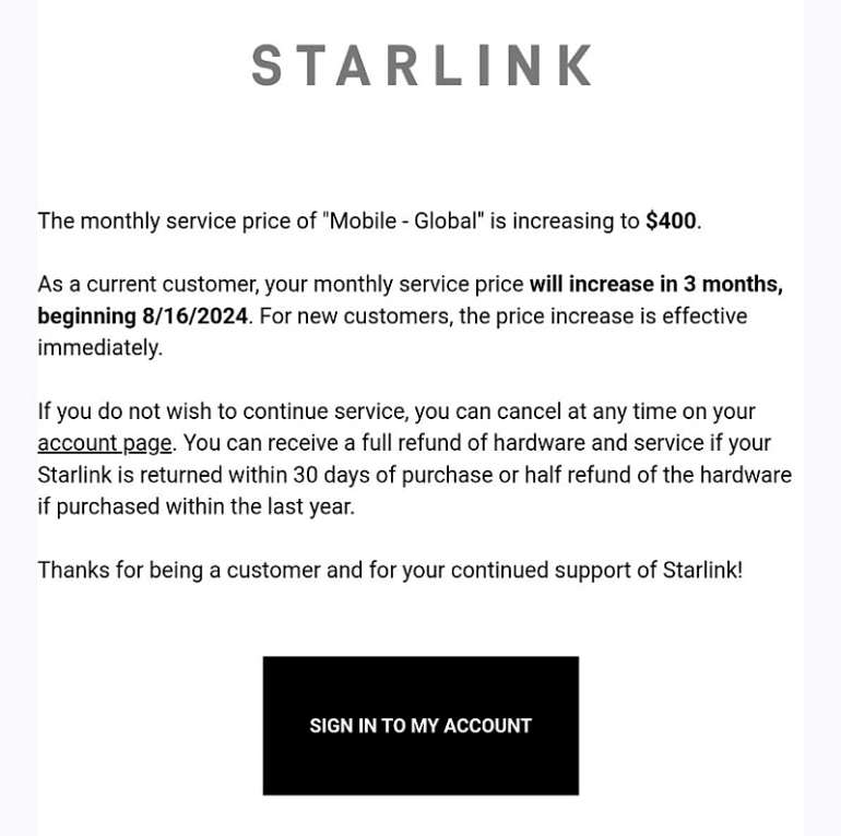 Starlink increases monthly bundle subscription