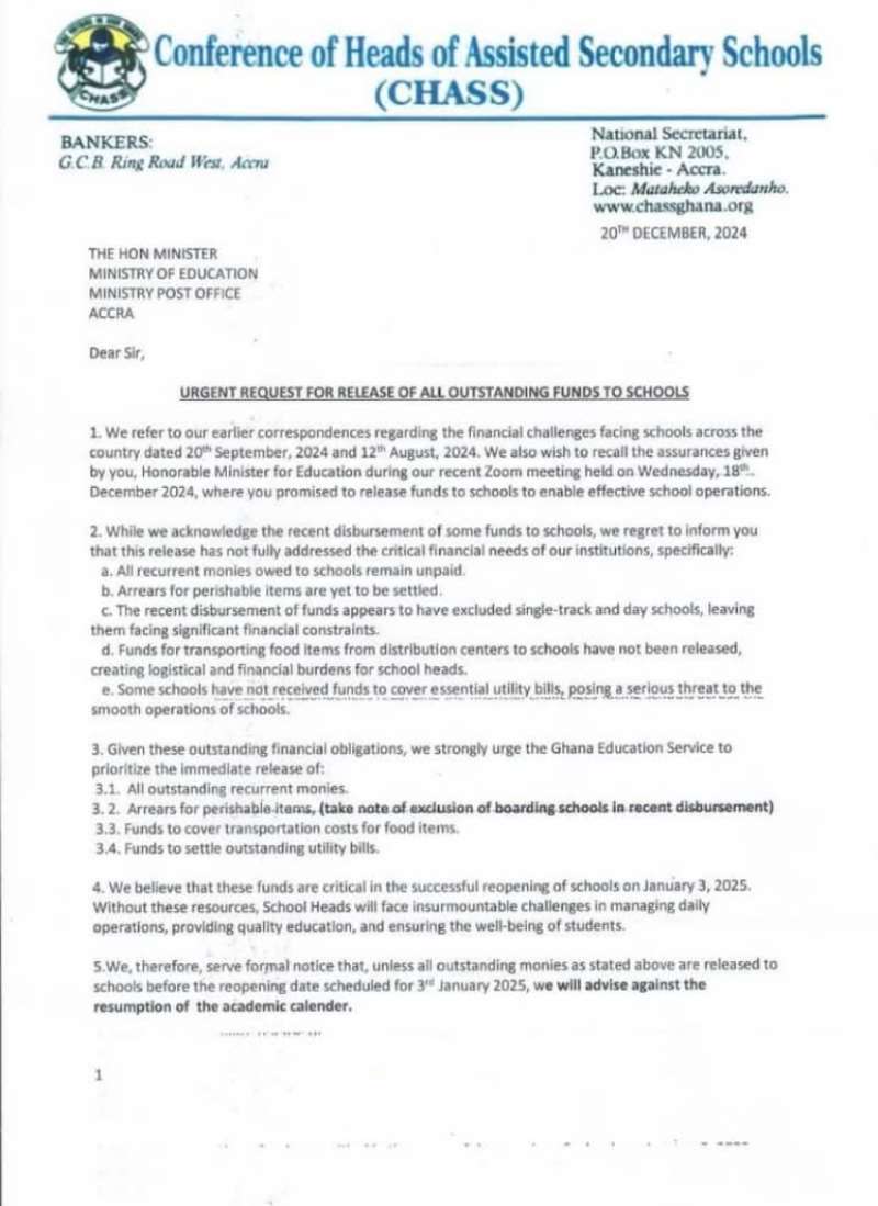 Pay free SHS arrears else school can't re-open on January 3 — CHASS to ...