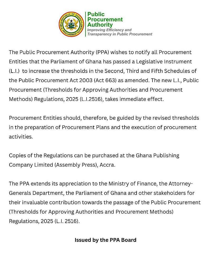 PPA announces enforcement of new procurement thresholds under L.I. 2516