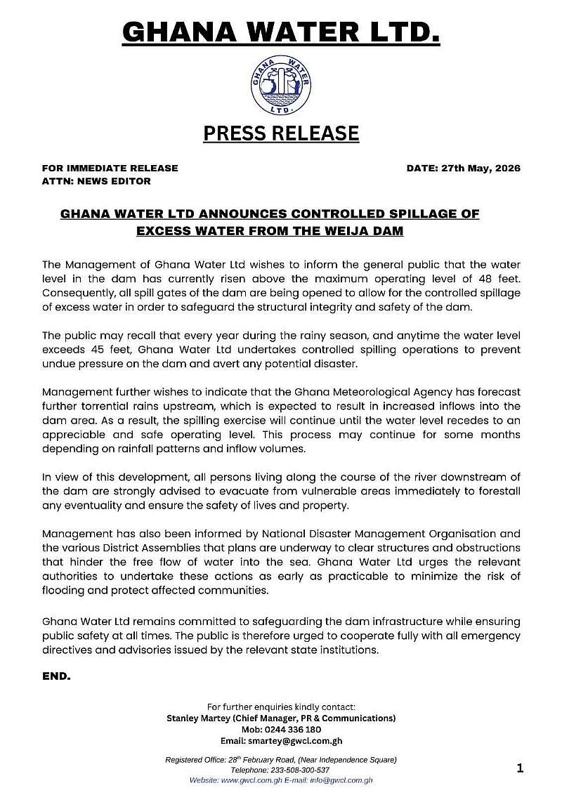 Ghana Water to open spill gates of Weija Dam over rising water levels ...
