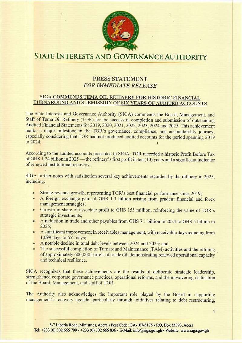 SIGA commends TOR for recording GHS1.24bn profit, breaking 10-year loss ...