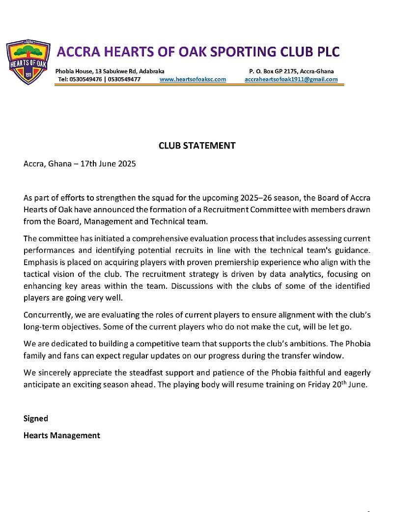Hearts of Oak announce recruitment committee ahead of 2025/26 season
