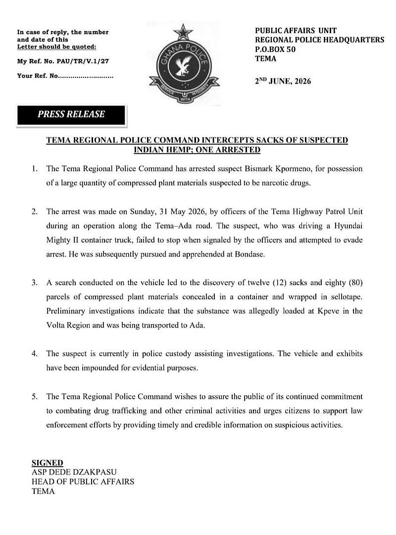 Tema: One suspect arrested over alleged possession of Indian hemp — Police