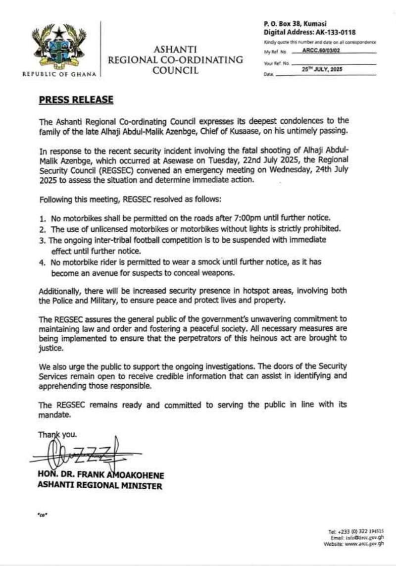 ‘No motorbike after 7 pm’ — Ashanti RCC issues directive amid rising ...