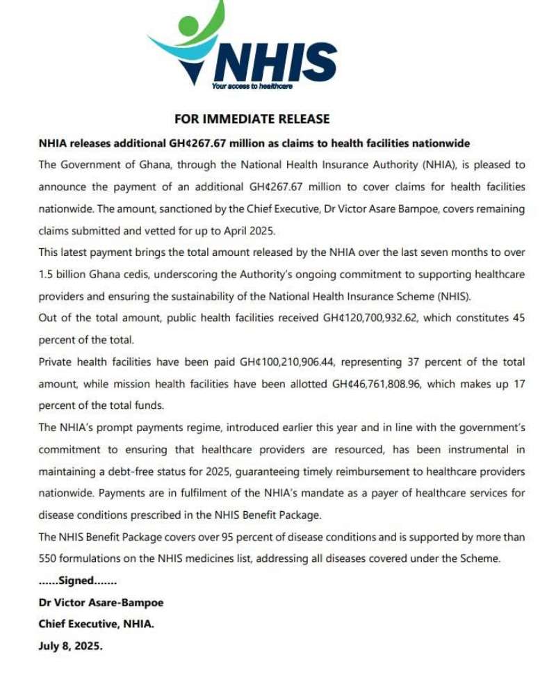 Government releases GH¢267 million to cover NHIS claims up to April 2025