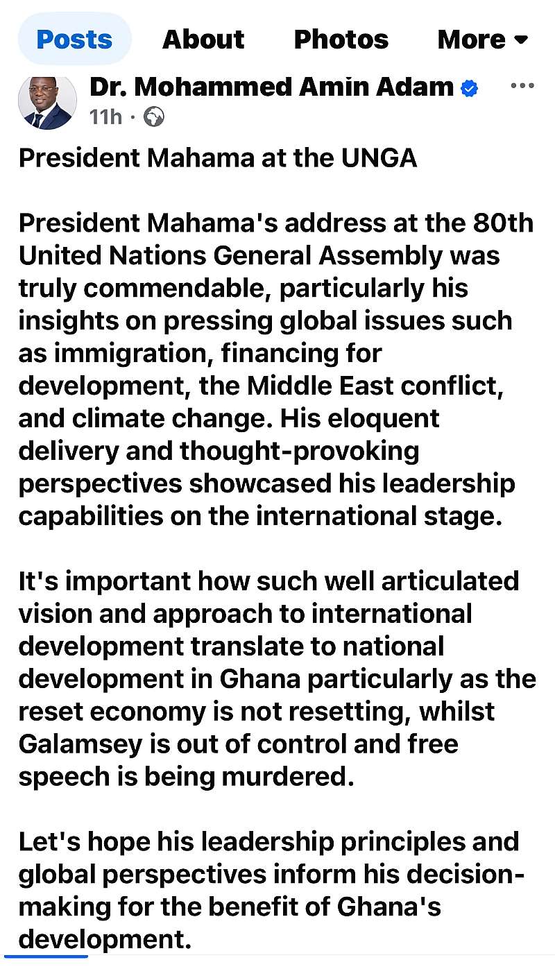 Mahama’s 80th UNGA address truly commendable — Dr. Amin Adam