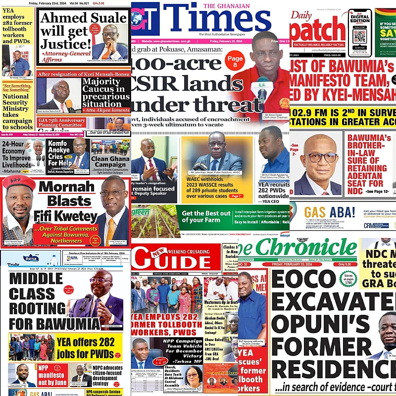 Newspaper headlines for Friday 23rd February, 2024