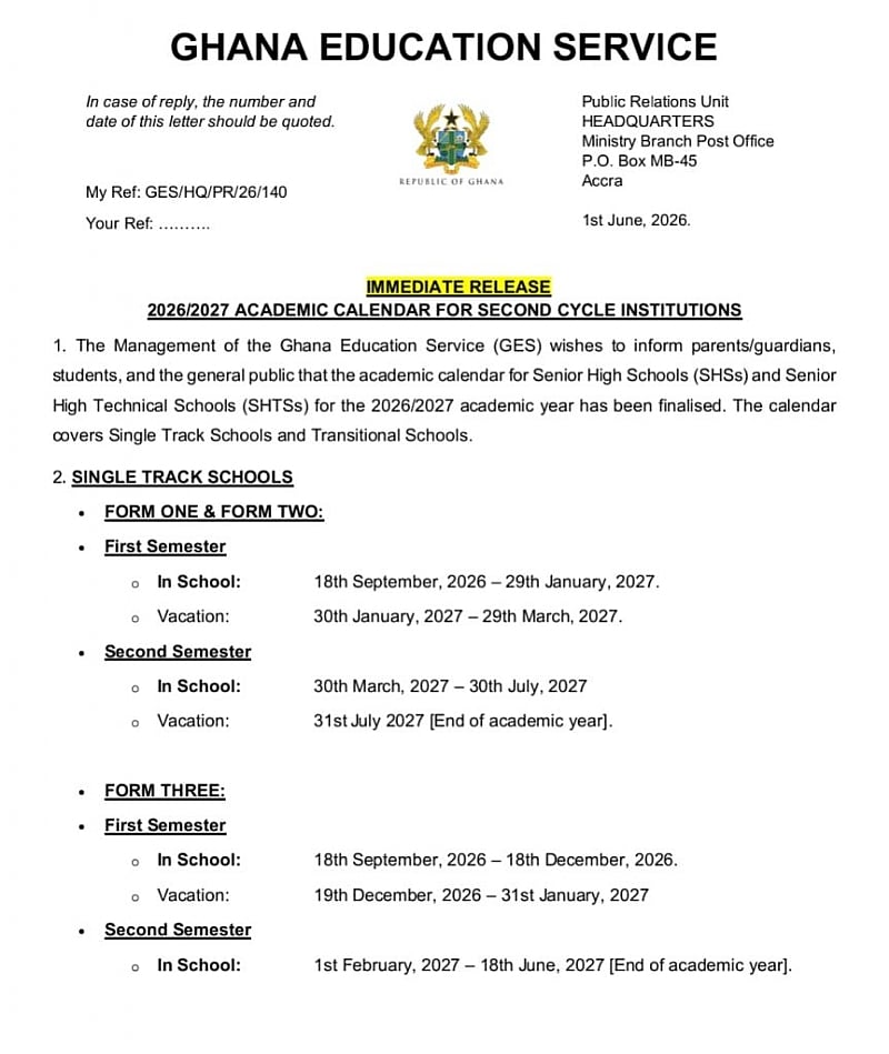 GES Releases 2026/2027 SHS Academic Calendar With Key Dates for Single ...
