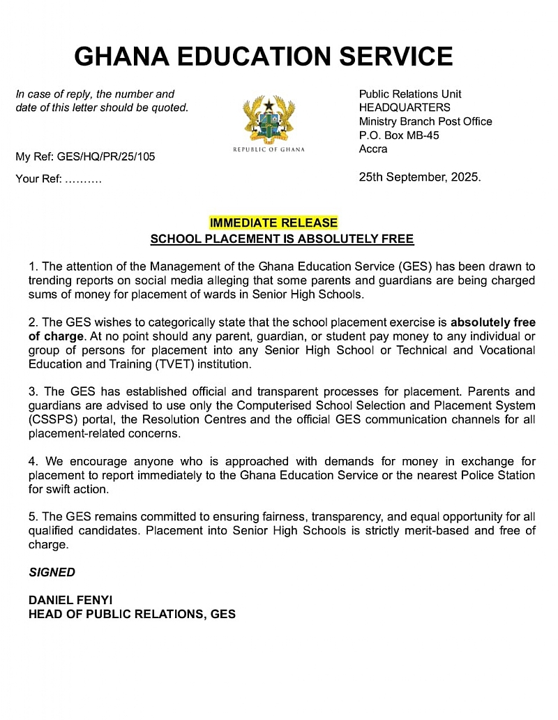 Don’t pay for SHS placement – GES tells parents